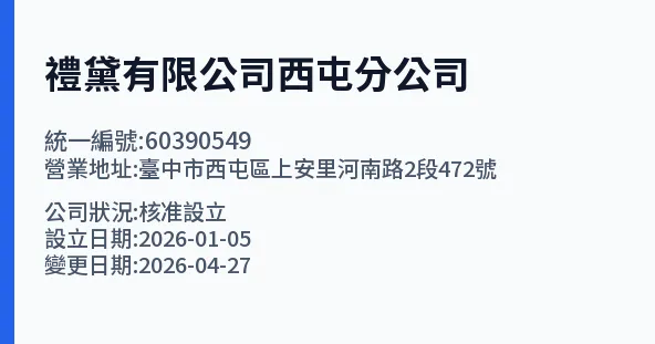 禮黛有限公司西屯分公司的照片-統編 60390549(臺中市) 公司登記資料與營業項目詳細圖表