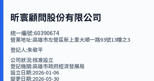 昕寰顧問股份有限公司的照片-統編 60390674(高雄市) 公司登記資料與營業項目詳細圖表