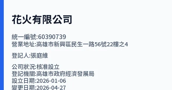 花火有限公司的照片-統編 60390739(高雄市) 公司登記資料與營業項目詳細圖表