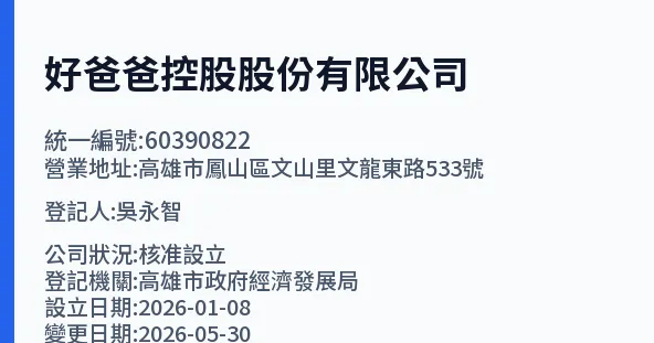 好爸爸控股股份有限公司的照片-統編 60390822(高雄市) 公司登記資料與營業項目詳細圖表