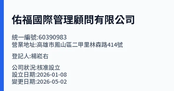 佑福國際管理顧問有限公司的照片-統編 60390983(高雄市) 公司登記資料與營業項目詳細圖表