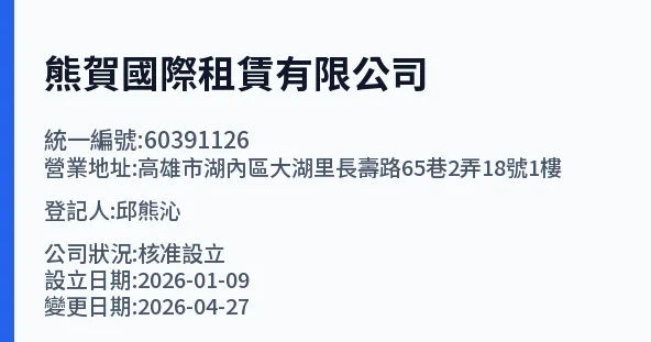 熊賀國際租賃有限公司的照片-統編 60391126(高雄市) 公司登記資料與營業項目詳細圖表