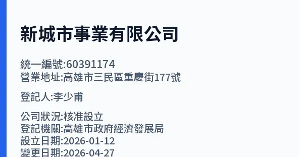 新城市事業有限公司的照片-統編 60391174(高雄市) 公司登記資料與營業項目詳細圖表