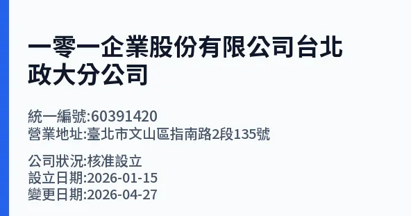 一零一企業股份有限公司台北政大分公司的照片-統編 60391420(臺北市) 公司登記資料與營業項目詳細圖表