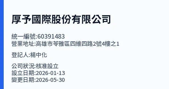 厚予國際股份有限公司的照片-統編 60391483(高雄市) 公司登記資料與營業項目詳細圖表