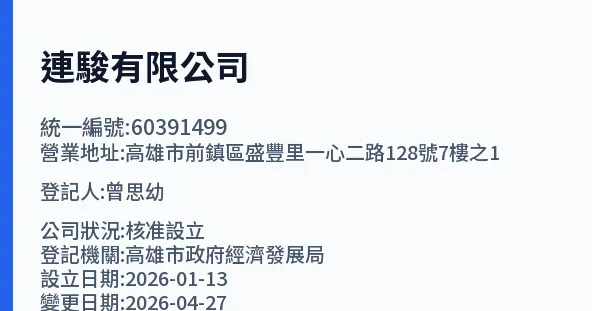 連駿有限公司的照片-統編 60391499(高雄市) 公司登記資料與營業項目詳細圖表