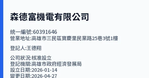 森德富機電有限公司的照片-統編 60391646(高雄市) 公司登記資料與營業項目詳細圖表
