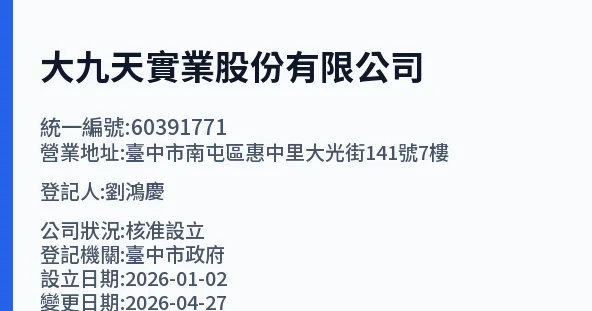 大九天實業股份有限公司的照片-統編 60391771(臺中市) 公司登記資料與營業項目詳細圖表