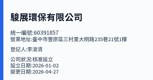 駿展環保有限公司的照片-統編 60391857(臺中市) 公司登記資料與營業項目詳細圖表