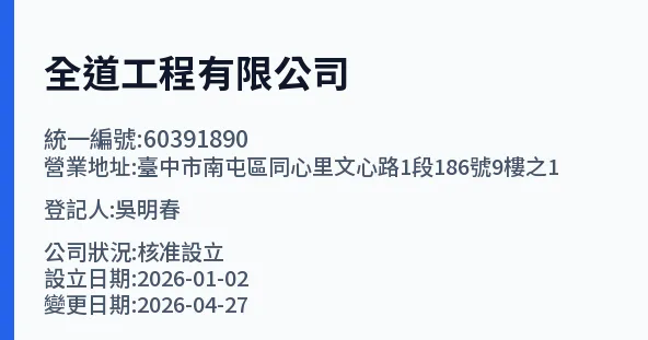 全道工程有限公司的照片-統編 60391890(臺中市) 公司登記資料與營業項目詳細圖表