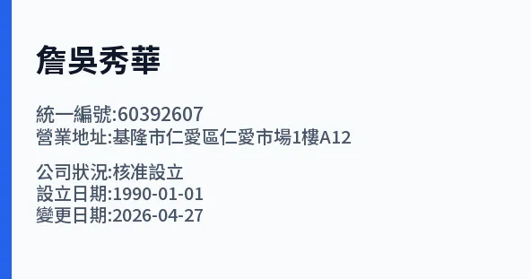 詹吳秀華的照片-統編 60392607(基隆市) 公司登記資料與營業項目詳細圖表
