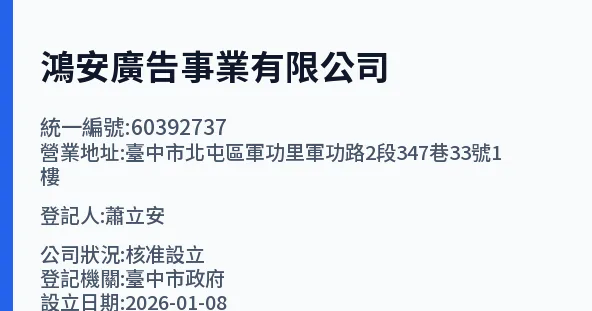 鴻安廣告事業有限公司的照片-統編 60392737(臺中市) 公司登記資料與營業項目詳細圖表
