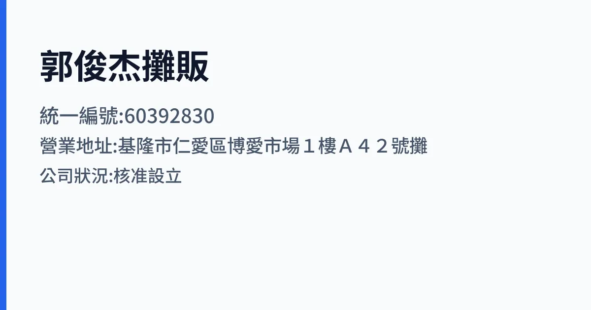 郭俊杰攤販 - 統編 60392830(基隆市) 公司登記資料與營業項目詳細圖表