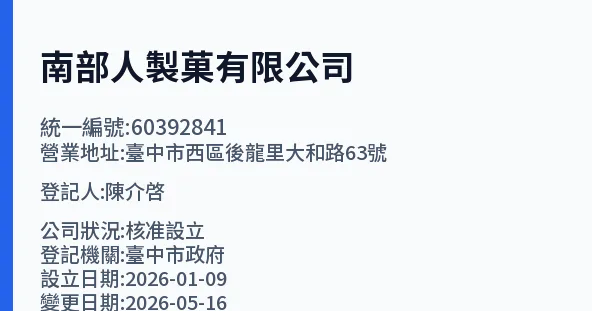 南部人製菓有限公司的照片-統編 60392841(臺中市) 公司登記資料與營業項目詳細圖表