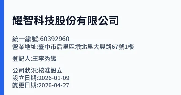 耀智科技股份有限公司的照片-統編 60392960(臺中市) 公司登記資料與營業項目詳細圖表