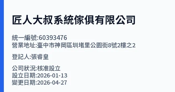 匠人大叔系統傢俱有限公司的照片-統編 60393476(臺中市) 公司登記資料與營業項目詳細圖表