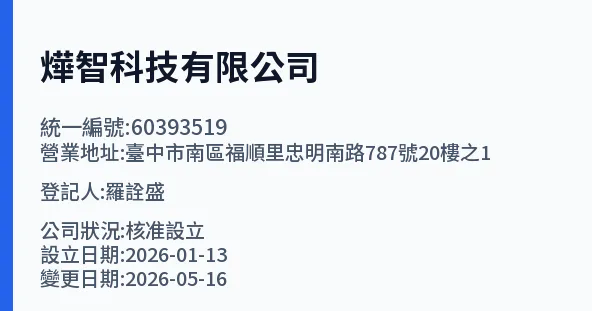 燁智科技有限公司的照片-統編 60393519(臺中市) 公司登記資料與營業項目詳細圖表