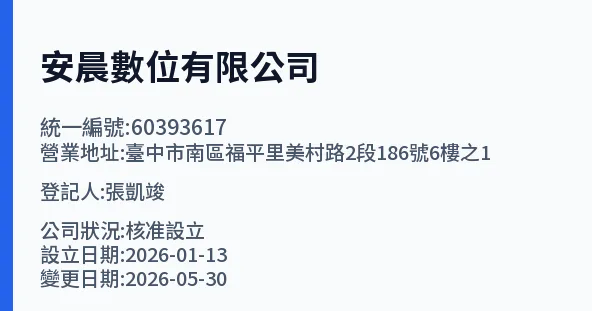 安晨數位有限公司的照片-統編 60393617(臺中市) 公司登記資料與營業項目詳細圖表