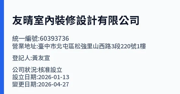 友晴室內裝修設計有限公司的照片-統編 60393736(臺中市) 公司登記資料與營業項目詳細圖表