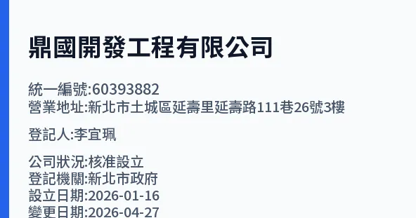 鼎國開發工程有限公司的照片-統編 60393882(新北市) 公司登記資料與營業項目詳細圖表