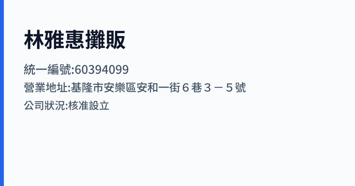 林雅惠攤販 - 統編 60394099(基隆市) 公司登記資料與營業項目詳細圖表