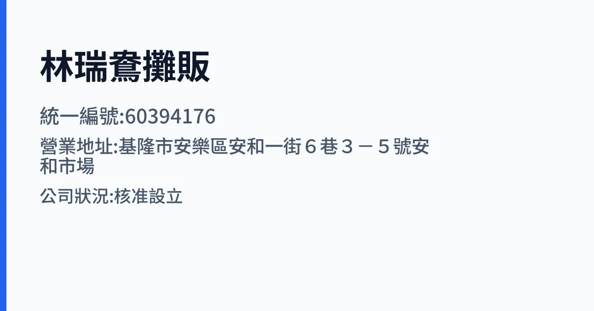林瑞鴦攤販 - 統編 60394176(基隆市) 公司登記資料與營業項目詳細圖表