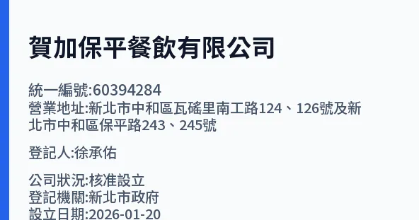 賀加保平餐飲有限公司的照片-統編 60394284(新北市) 公司登記資料與營業項目詳細圖表