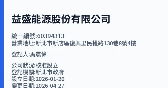 益盛能源股份有限公司的照片-統編 60394313(新北市) 公司登記資料與營業項目詳細圖表