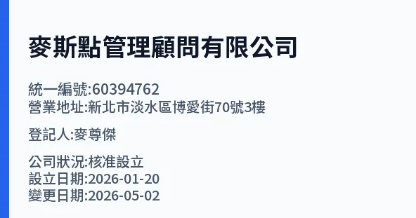 麥斯點管理顧問有限公司的照片-統編 60394762(新北市) 公司登記資料與營業項目詳細圖表