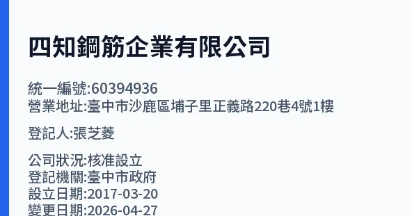 四知鋼筋企業有限公司的照片-統編 60394936(臺中市) 公司登記資料與營業項目詳細圖表