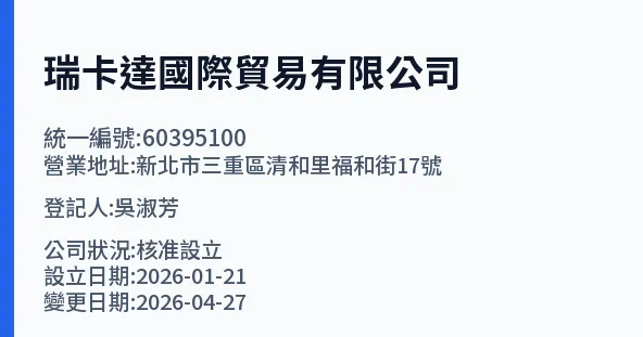 瑞卡達國際貿易有限公司的照片-統編 60395100(新北市) 公司登記資料與營業項目詳細圖表
