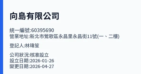 向島有限公司的照片-統編 60395690(新北市) 公司登記資料與營業項目詳細圖表
