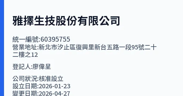 雅擇生技股份有限公司的照片-統編 60395755(新北市) 公司登記資料與營業項目詳細圖表