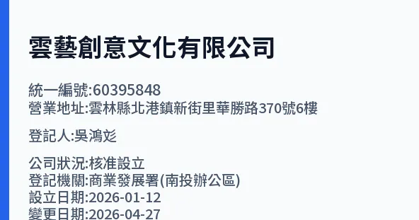 雲藝創意文化有限公司的照片-統編 60395848(雲林縣) 公司登記資料與營業項目詳細圖表