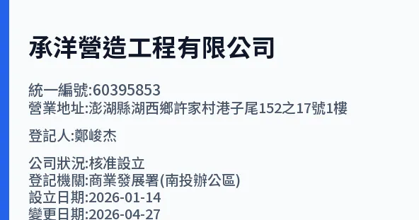 承洋營造工程有限公司的照片-統編 60395853(澎湖縣) 公司登記資料與營業項目詳細圖表