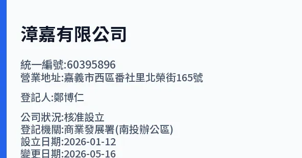 漳嘉有限公司的照片-統編 60395896(嘉義市) 公司登記資料與營業項目詳細圖表