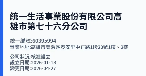 統一生活事業股份有限公司高雄市第七十六分公司的照片-統編 60395994(高雄市) 公司登記資料與營業項目詳細圖表