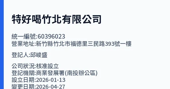 特好喝竹北有限公司的照片-統編 60396023(新竹縣) 公司登記資料與營業項目詳細圖表