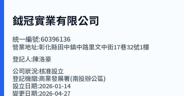 鉞冠實業有限公司的照片-統編 60396136(彰化縣) 公司登記資料與營業項目詳細圖表