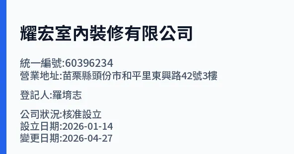 耀宏室內裝修有限公司的照片-統編 60396234(苗栗縣) 公司登記資料與營業項目詳細圖表