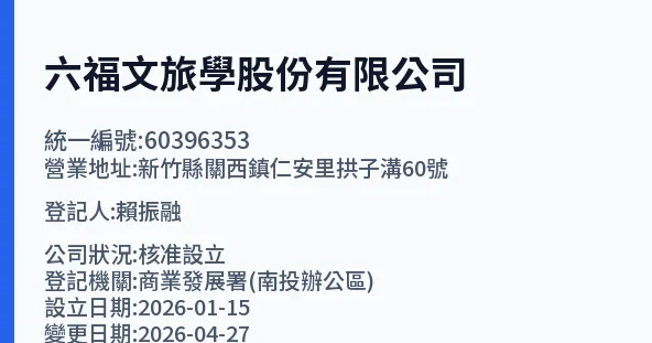 六福文旅學股份有限公司的照片-統編 60396353(新竹縣) 公司登記資料與營業項目詳細圖表