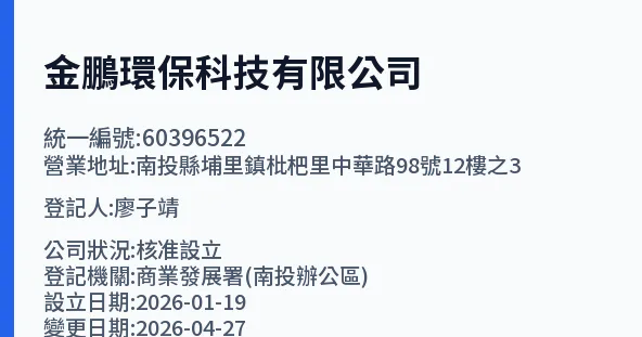 金鵬環保科技有限公司的照片-統編 60396522(南投縣) 公司登記資料與營業項目詳細圖表