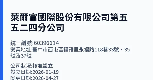 萊爾富國際股份有限公司第五五二四分公司的照片-統編 60396614(臺中市) 公司登記資料與營業項目詳細圖表