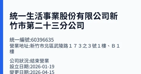 統一生活事業股份有限公司新竹市第二十三分公司的照片-統編 60396635(新竹市) 公司登記資料與營業項目詳細圖表