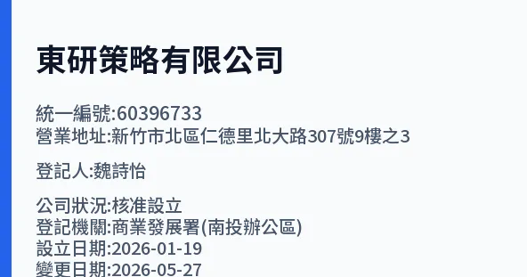 東研策略有限公司的照片-統編 60396733(新竹市) 公司登記資料與營業項目詳細圖表