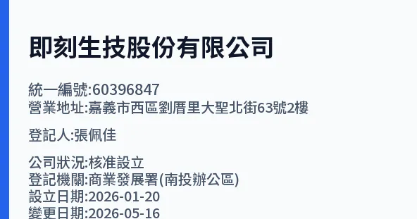 即刻生技股份有限公司的照片-統編 60396847(嘉義市) 公司登記資料與營業項目詳細圖表