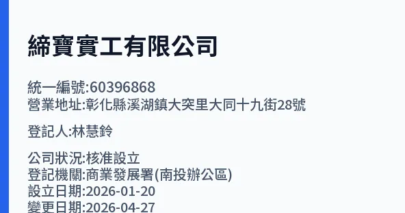 締寶實工有限公司的照片-統編 60396868(彰化縣) 公司登記資料與營業項目詳細圖表
