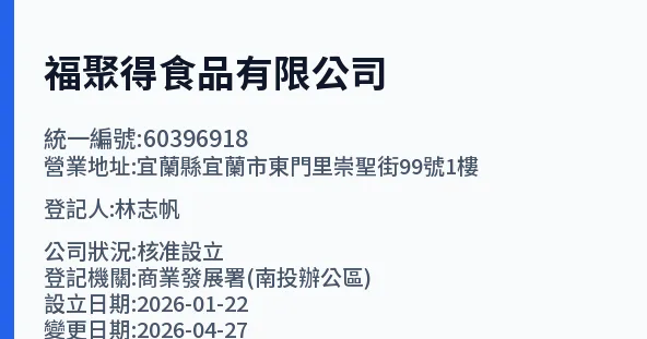 福聚得食品有限公司的照片-統編 60396918(宜蘭縣) 公司登記資料與營業項目詳細圖表