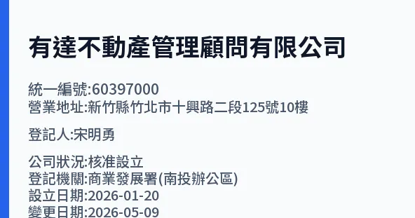 有達不動產管理顧問有限公司的照片-統編 60397000(新竹縣) 公司登記資料與營業項目詳細圖表