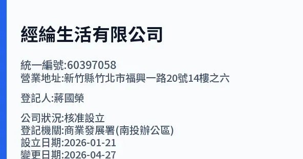 經綸生活有限公司的照片-統編 60397058(新竹縣) 公司登記資料與營業項目詳細圖表